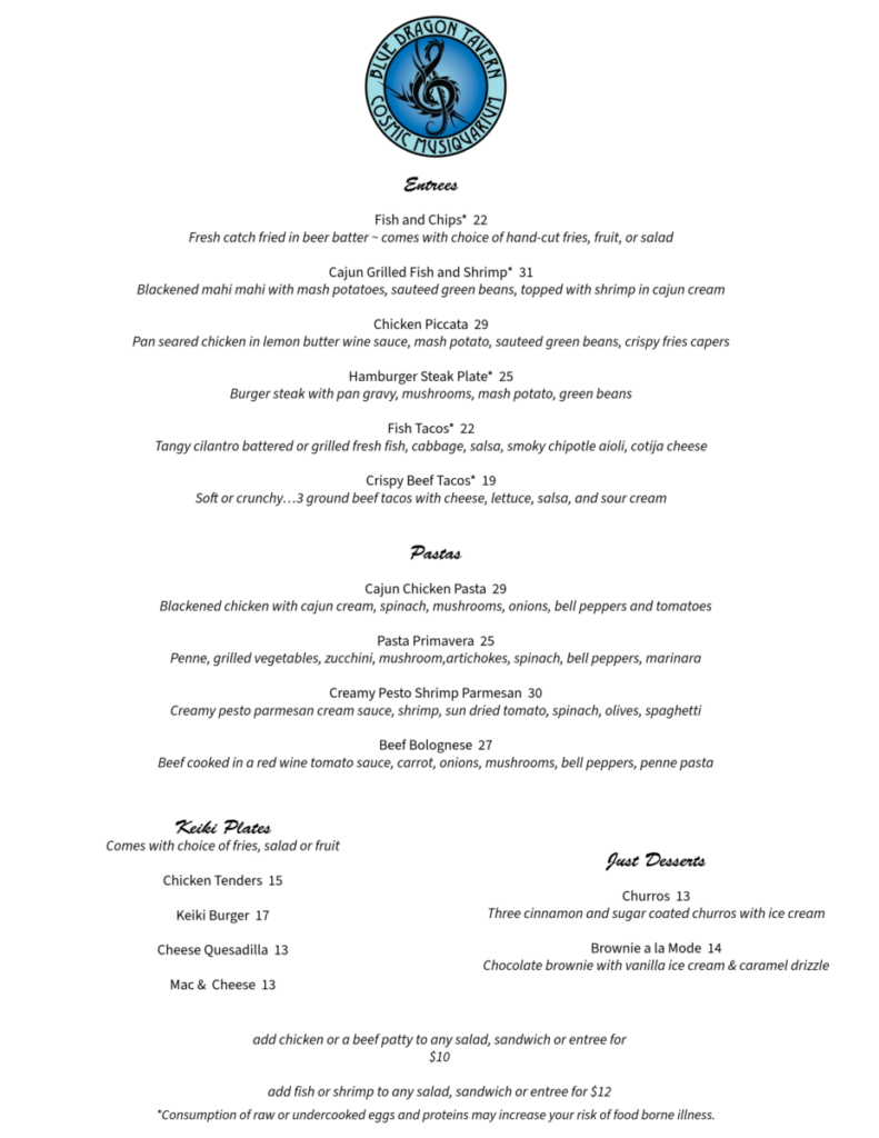 Menus - Blue Dragon Tavern & Cosmic Musiquarium