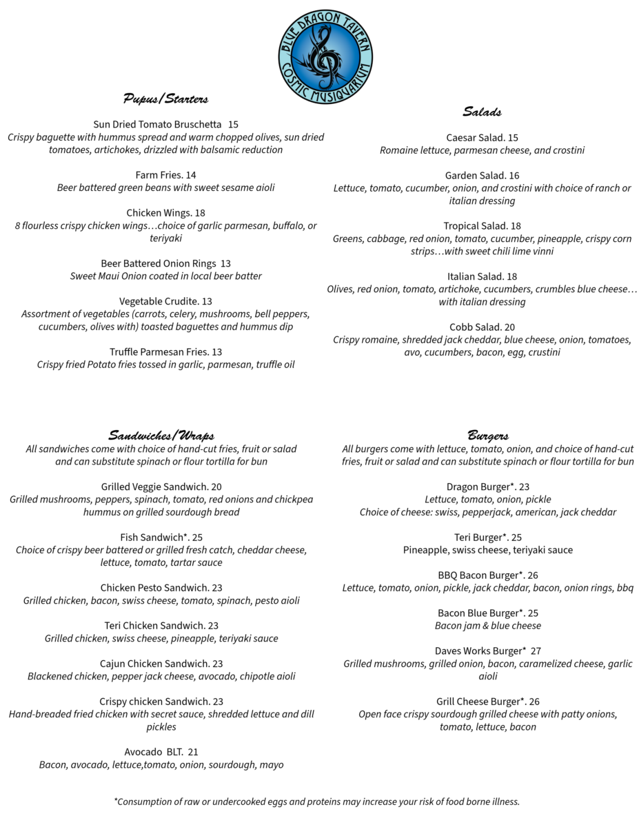Menus - Blue Dragon Tavern & Cosmic Musiquarium