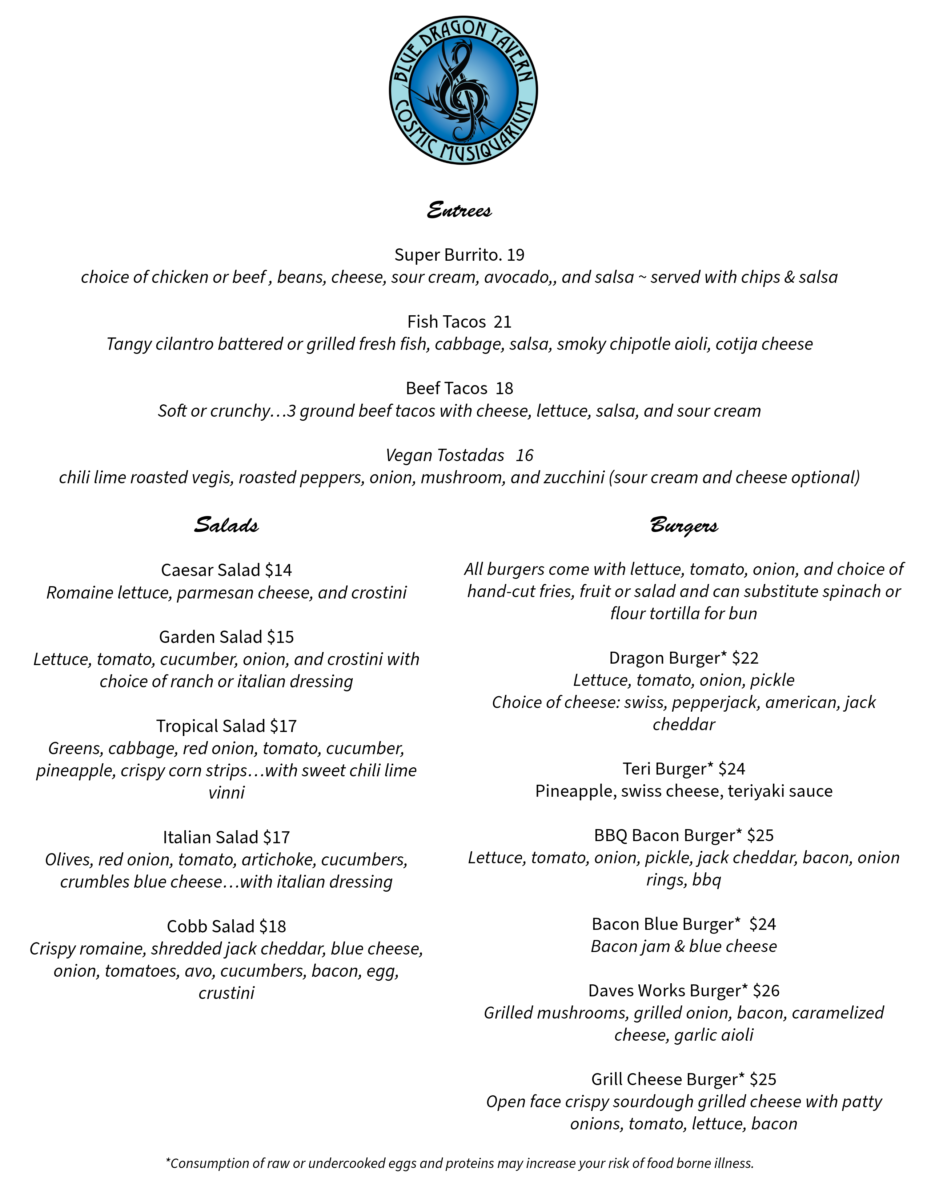 Menus - Blue Dragon Tavern & Cosmic Musiquarium