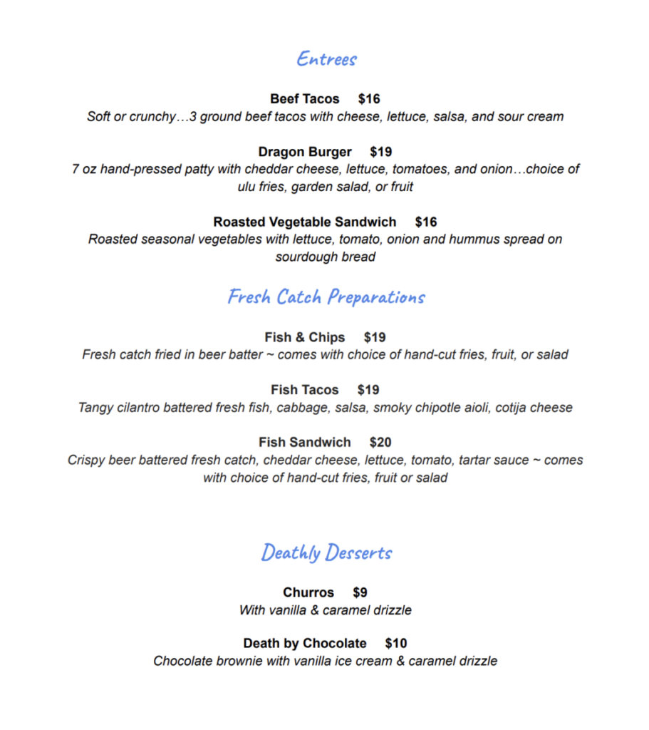 Menus - Blue Dragon Tavern & Cosmic Musiquarium