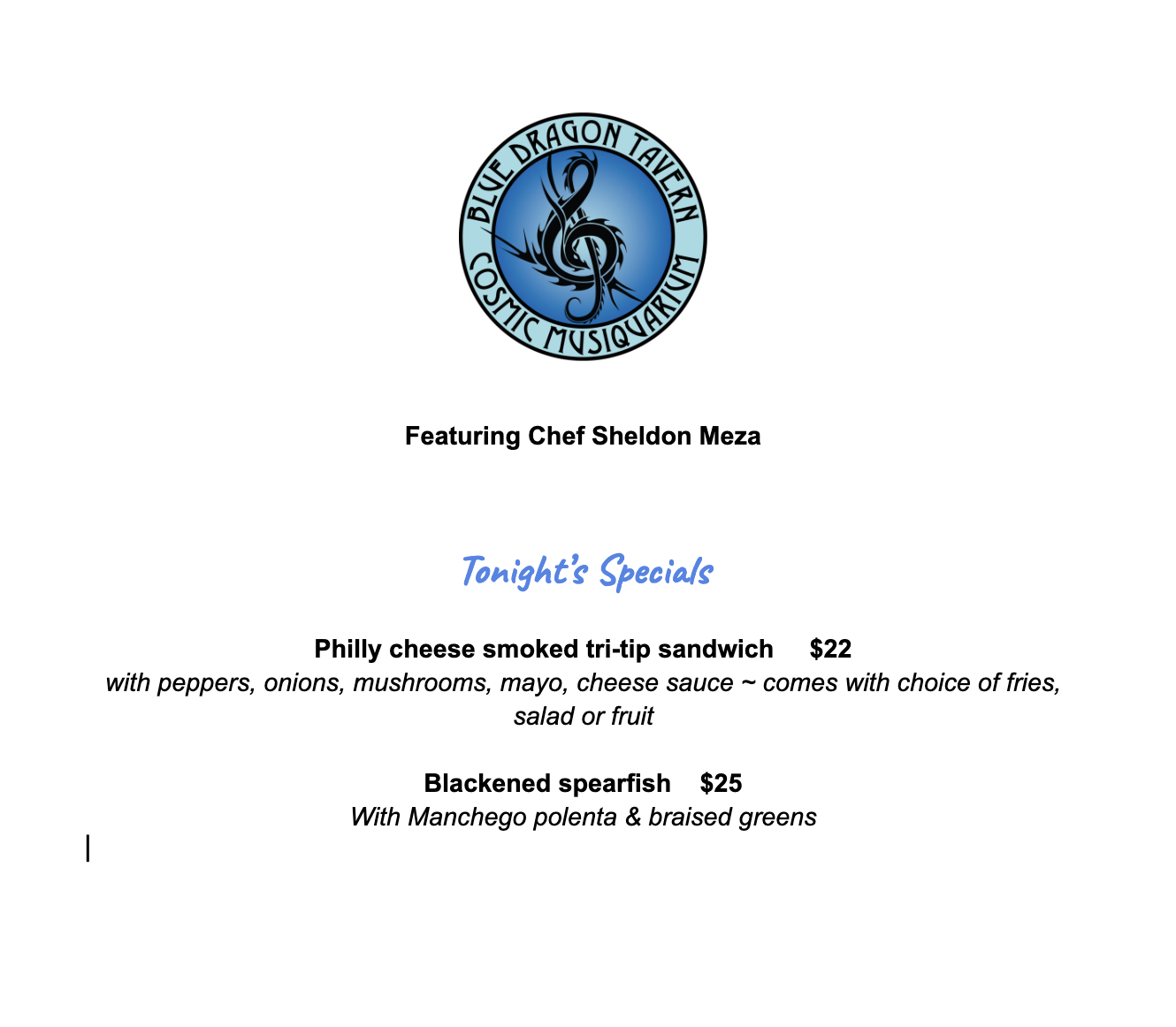 Menus - Blue Dragon Tavern & Cosmic Musiquarium