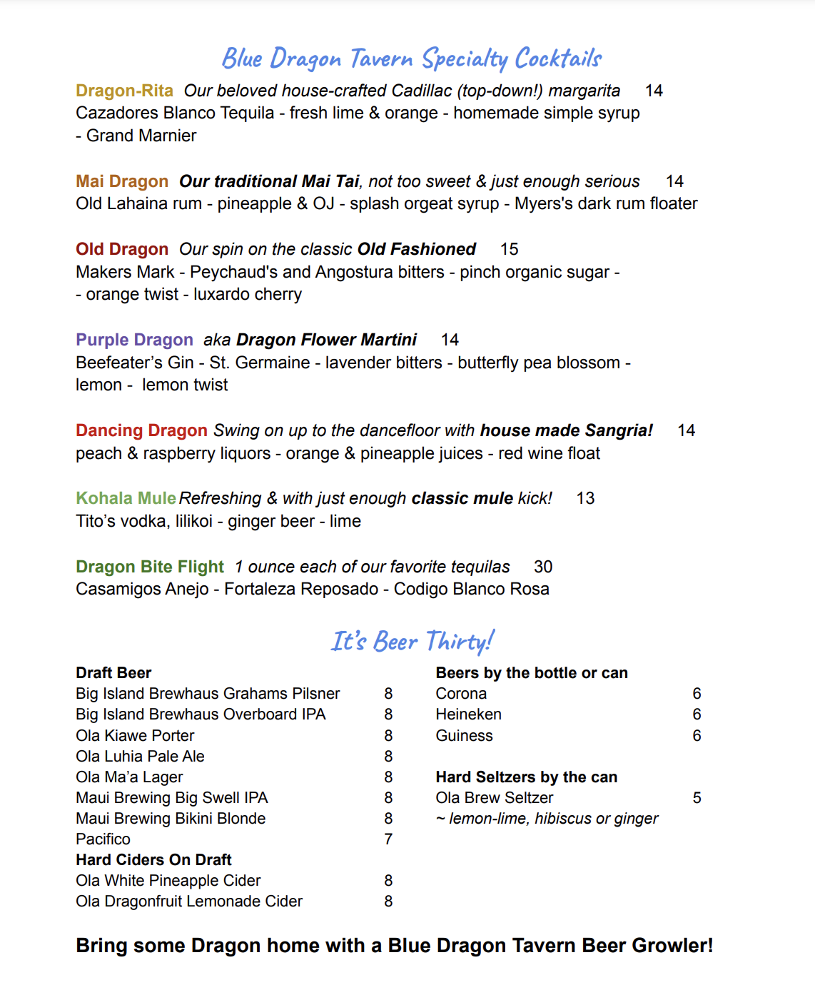 Menus - Blue Dragon Tavern & Cosmic Musiquarium