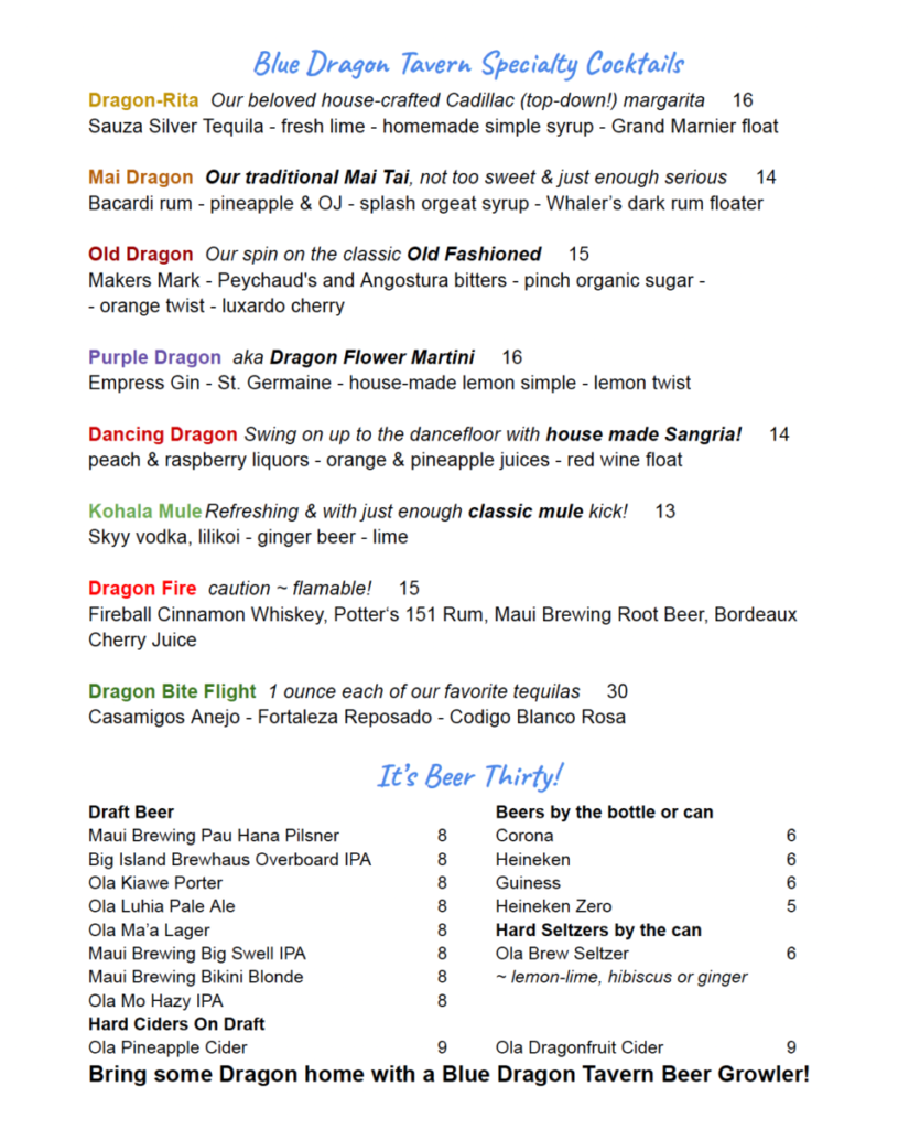 Menus - Blue Dragon Tavern & Cosmic Musiquarium