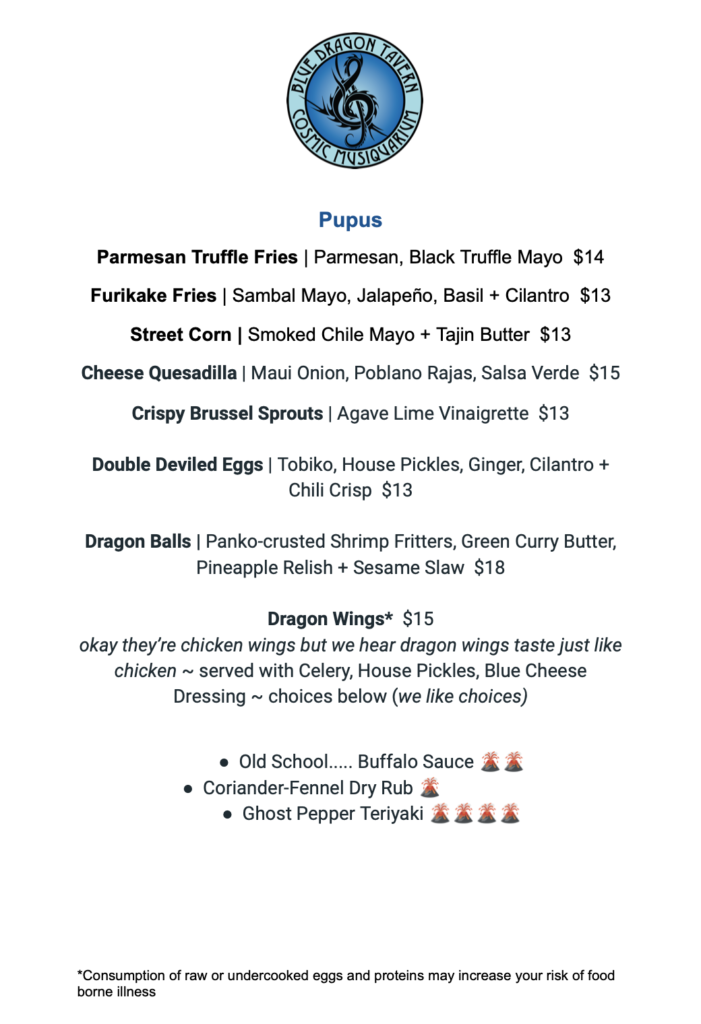 Menus - Blue Dragon Tavern & Cosmic Musiquarium