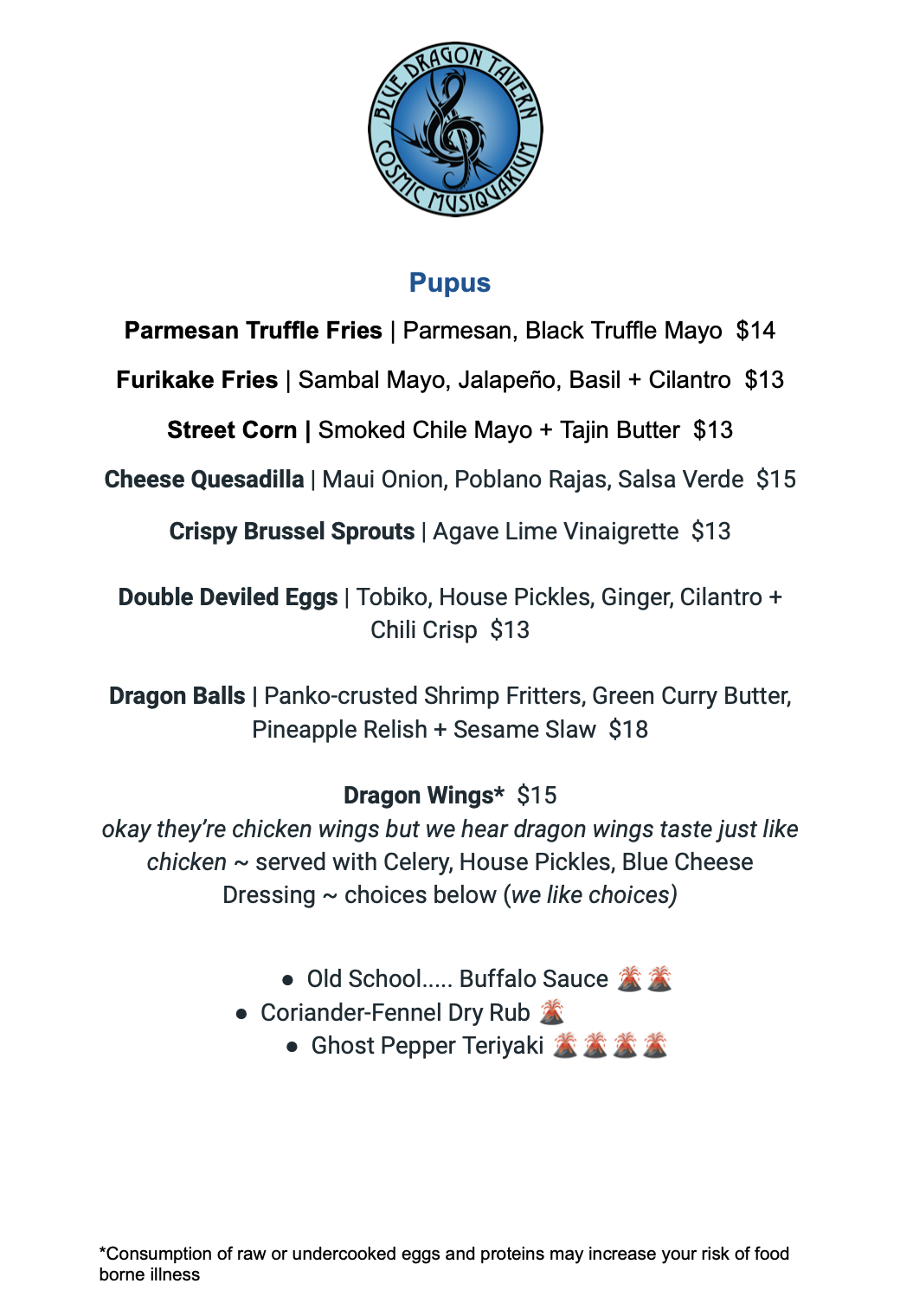 Menus - Blue Dragon Tavern & Cosmic Musiquarium
