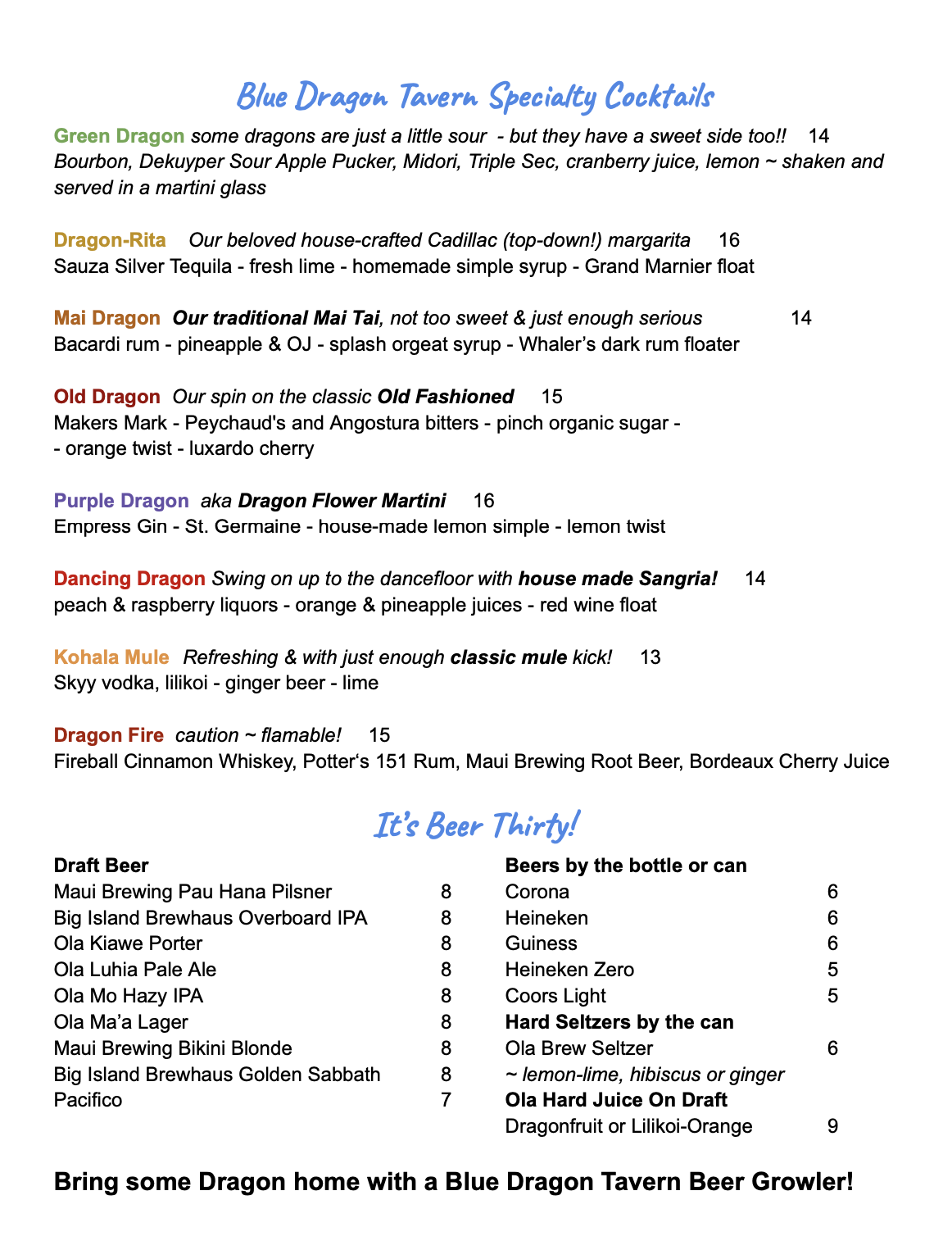 Menus - Blue Dragon Tavern & Cosmic Musiquarium